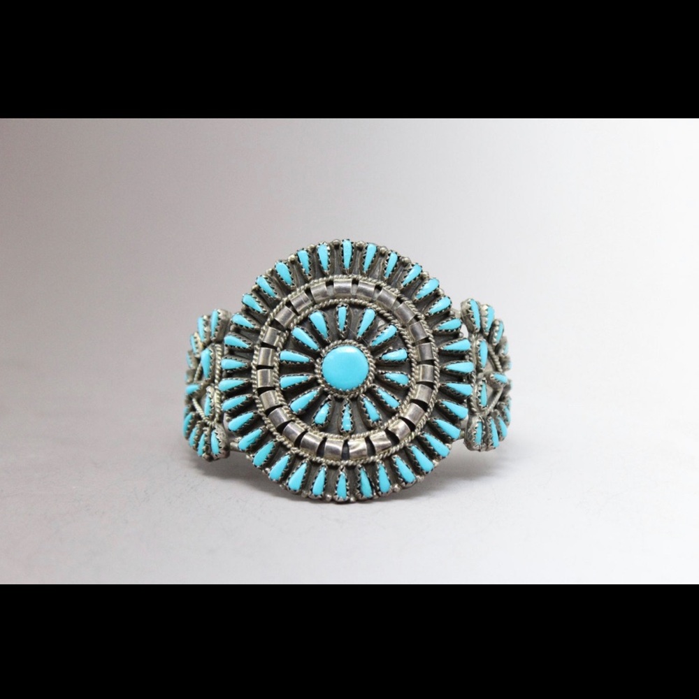Vintage Zuni Turquoise Signed Sterling Silver Cuff - Gem